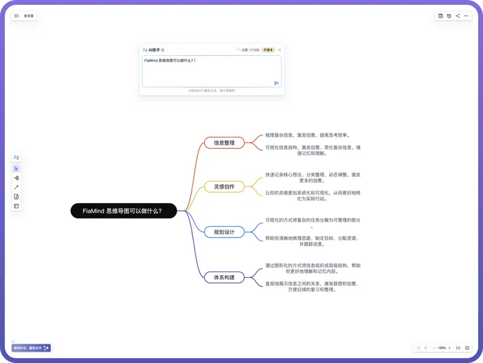 FiaMind AI思维导图 - FiaMind是一款功能全面的AI思维导图工具，支持无限画布