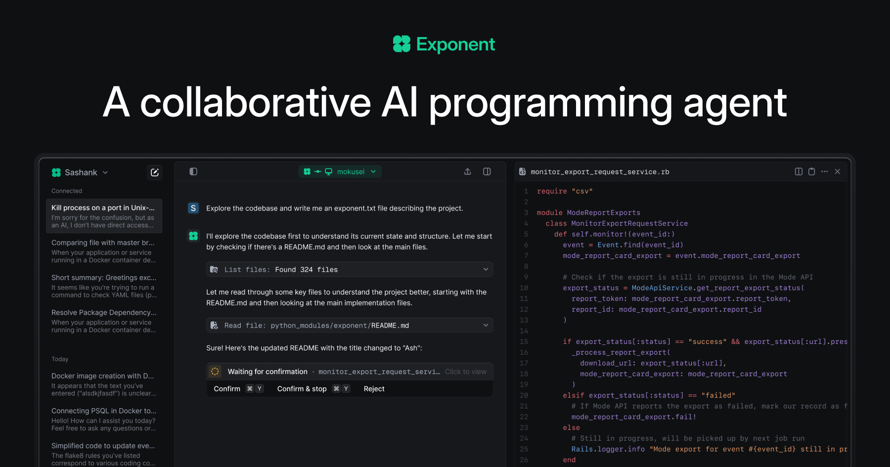 Exponent | A collaborative AI programming agent - Exponent是先进的AI编程助手，与开发者合作高效完成代